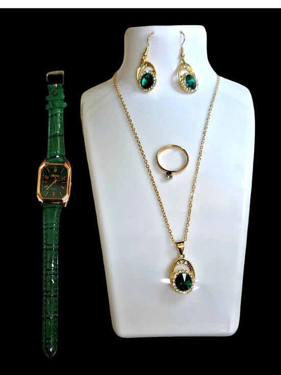 Jewelry | 4pc Elegant Green And Gold Tone Jewelry Set For Women | Poshmark
